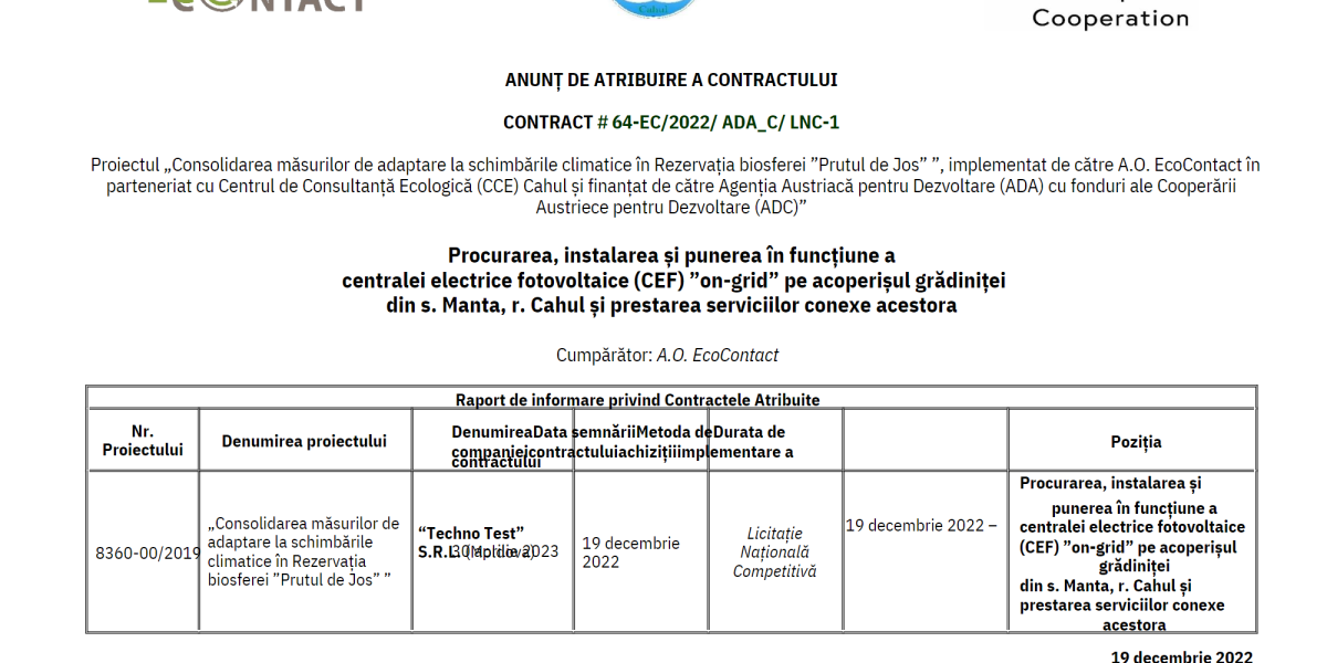 Anunț de atribuire a contractului (Manta)